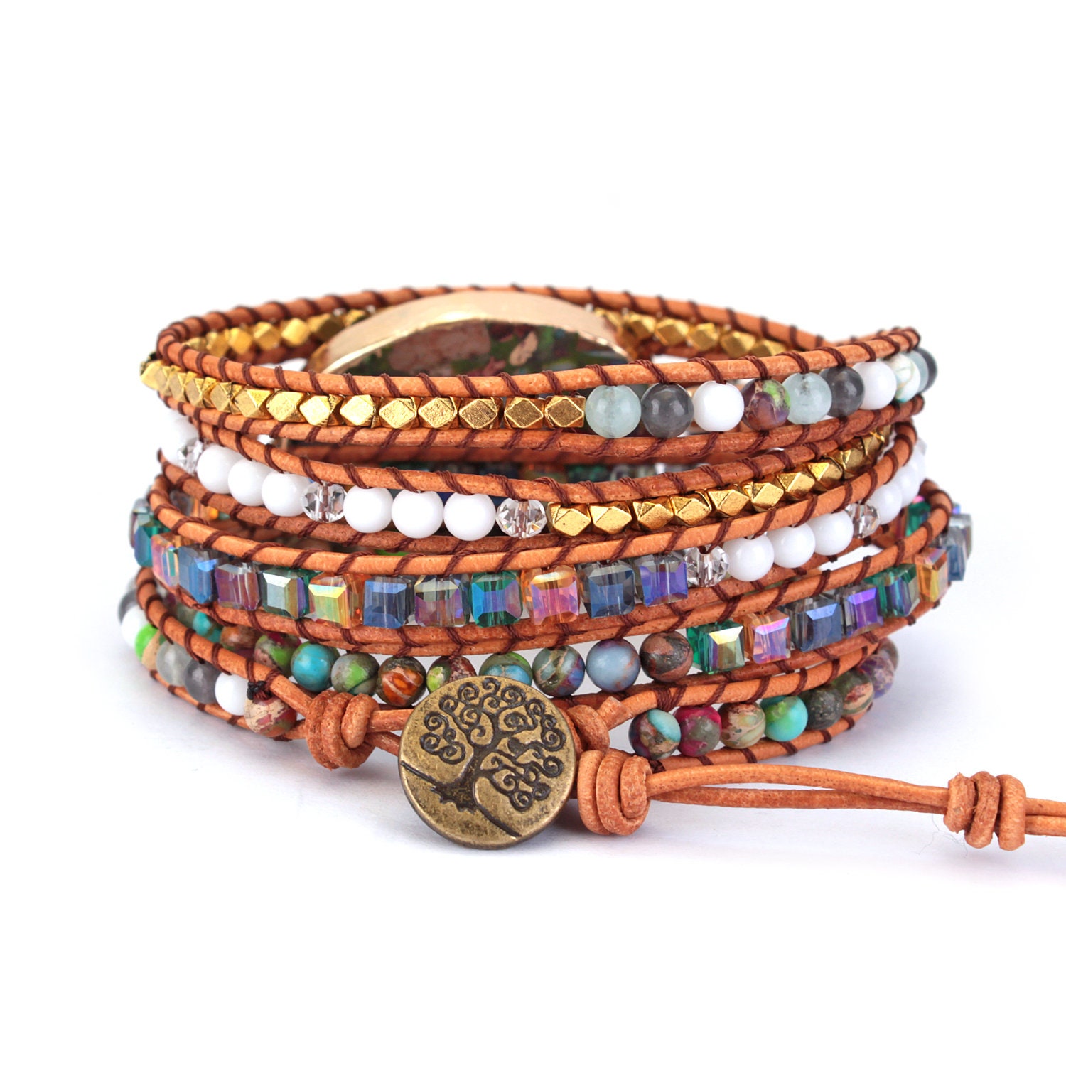 Beaded Leather Wrap Bracelet for Women, 4mm Rainbow Imperial Jasper ...