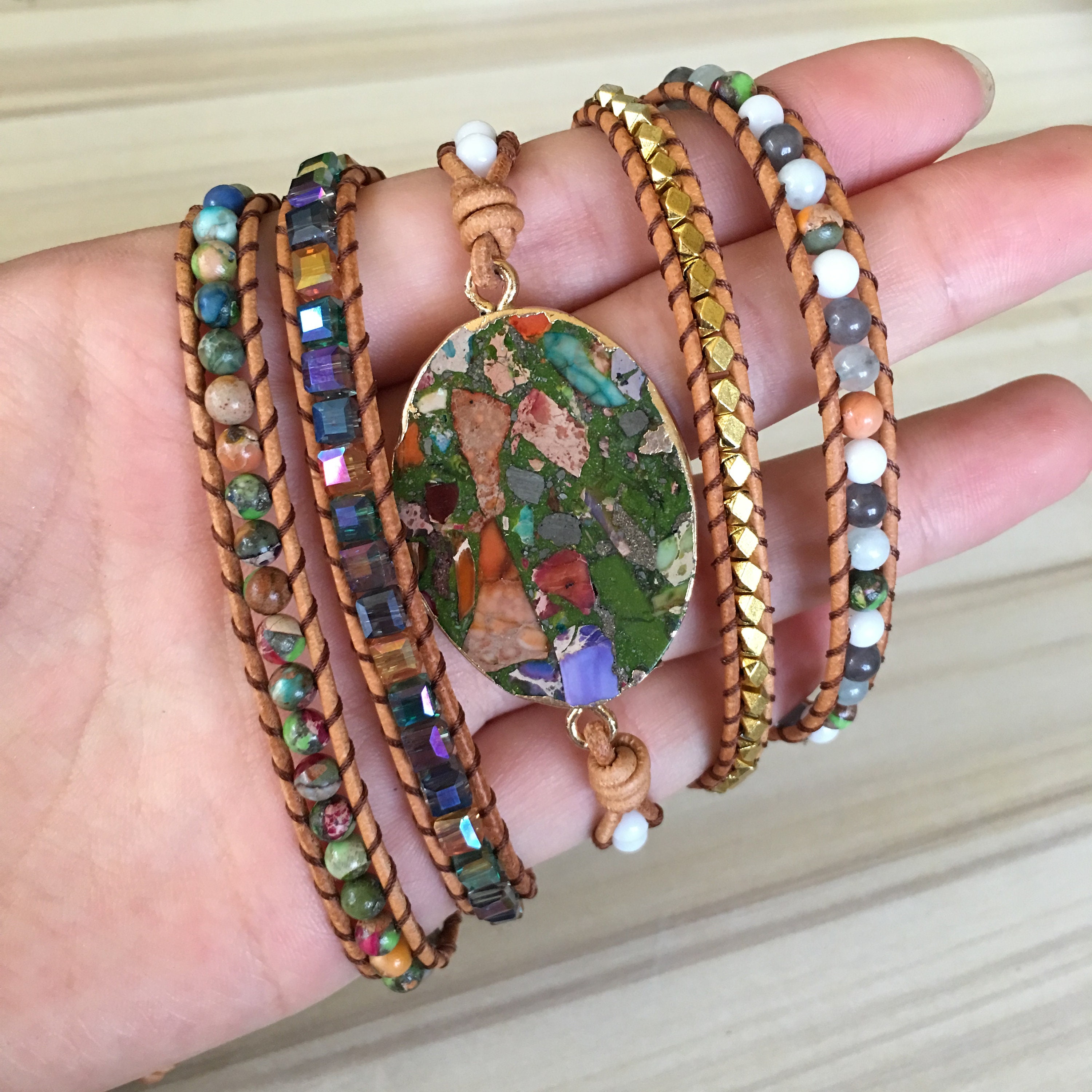 Beaded Leather Wrap Bracelet for Women, 4mm Rainbow Imperial Jasper ...