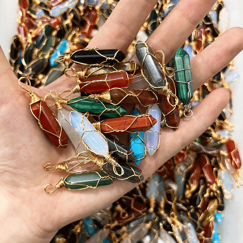 10pcs/lot Wire Wrapped Crystal Point Pendant, Assorted Hexagon Gemstone ...