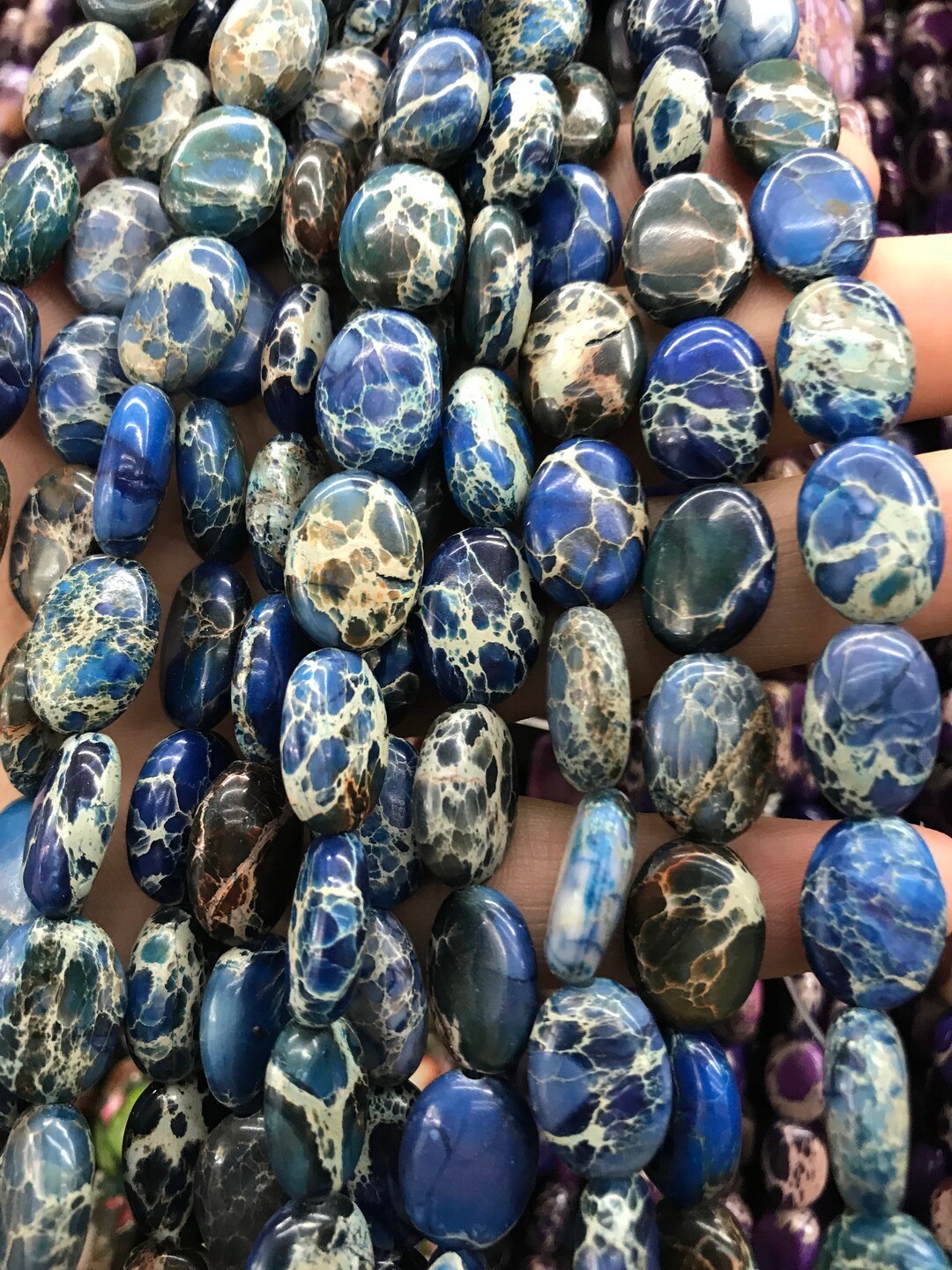 10*14mm Imperial Jasper Flat Oval Beads, Blue African Opal Beads, Blue ...