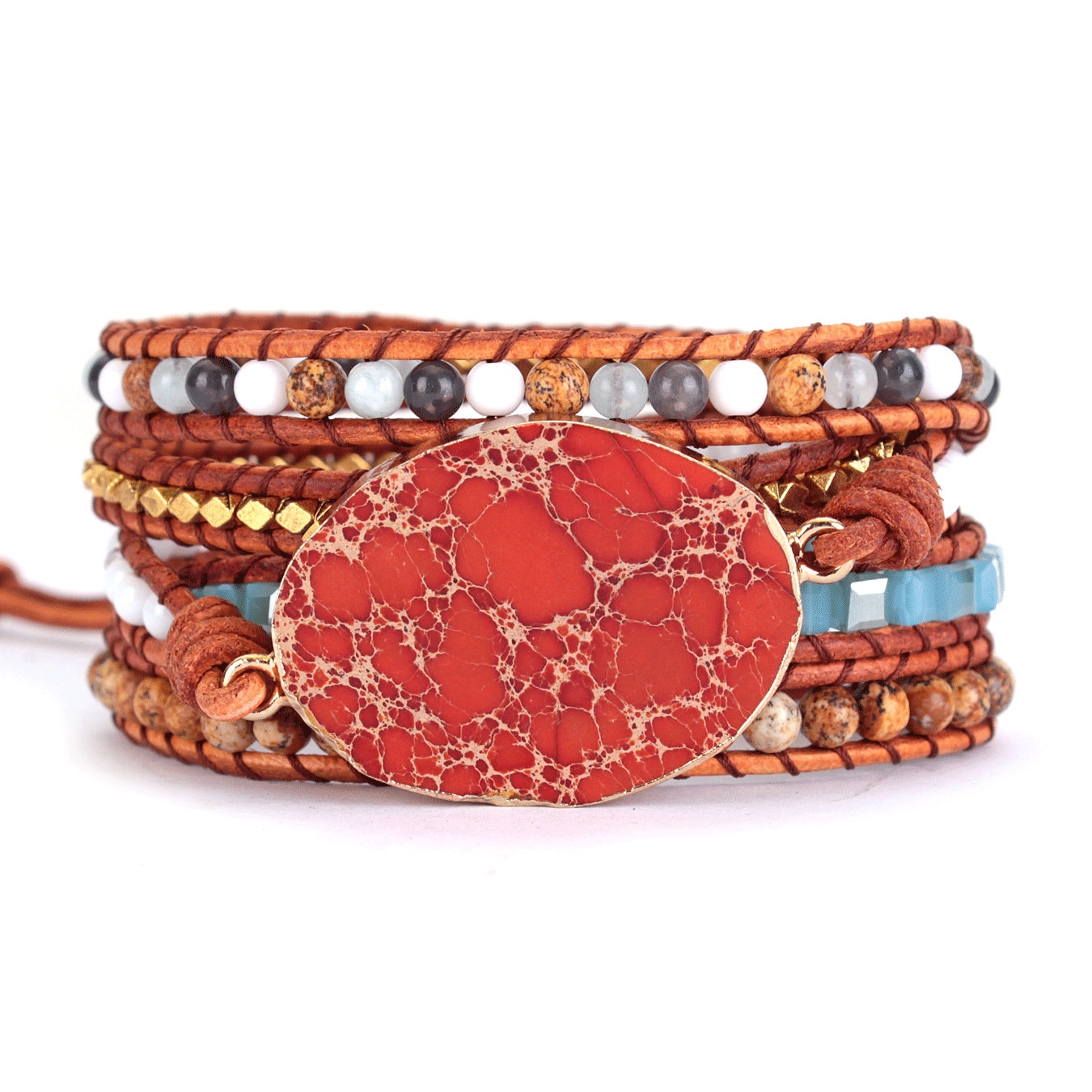 Large Imperial Jasper Leather Wrap Beaded Bracelet, Tree of Life Button ...