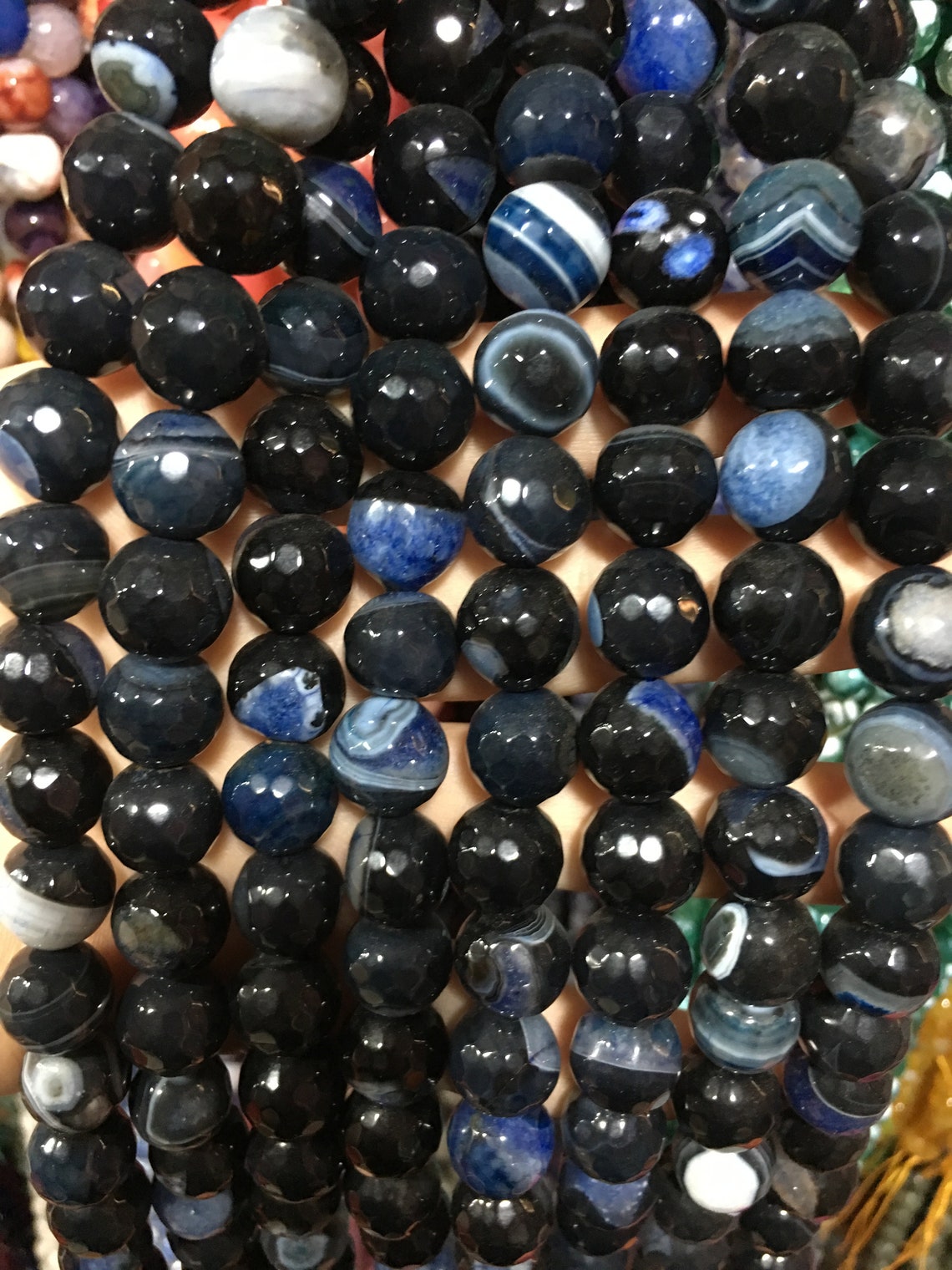 12mm Mixed Blue and Black Agate Faceted Round Gemstone Beads | Etsy