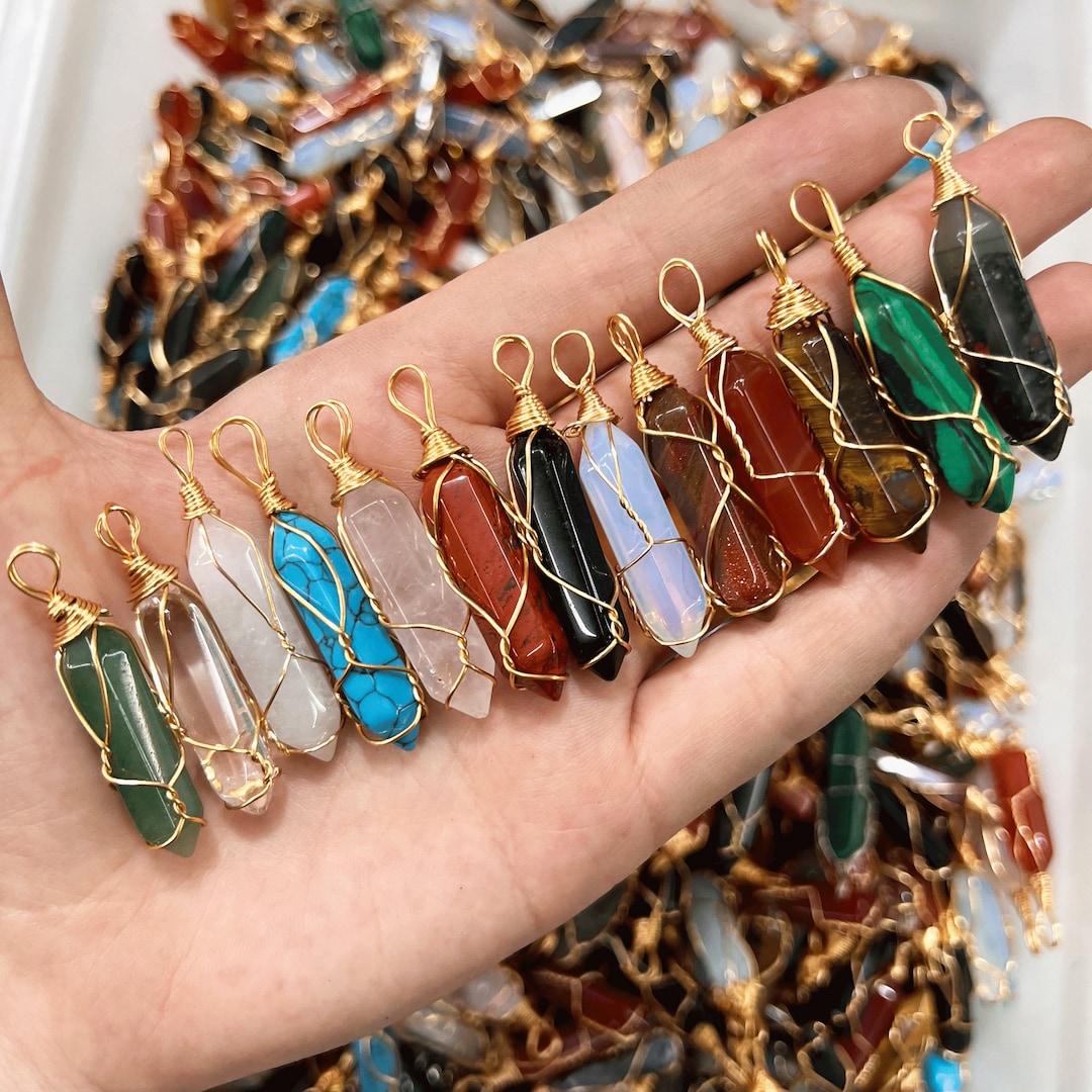10pcs/lot Wire Wrapped Crystal Point Pendant, Assorted Hexagon Gemstone ...