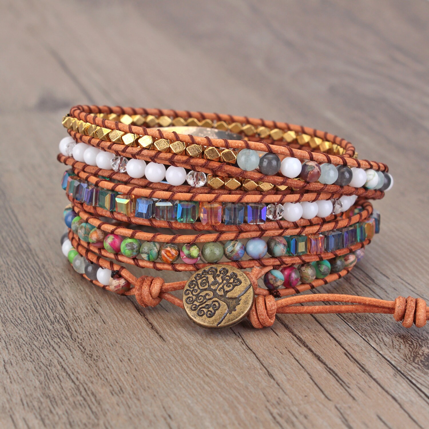 Beaded Leather Wrap Bracelet for Women, 4mm Rainbow Imperial Jasper ...
