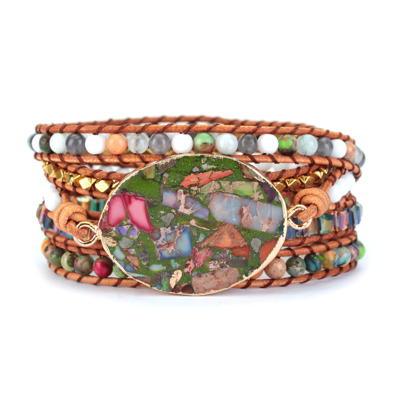 Beaded Leather Wrap Bracelet for Women, 4mm Rainbow Imperial Jasper ...