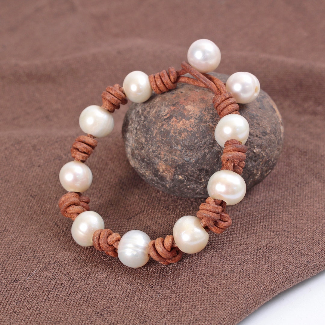 Pearl Leather Bracelet, Freshwater Pearl Bracelet, Unique White Pearl ...