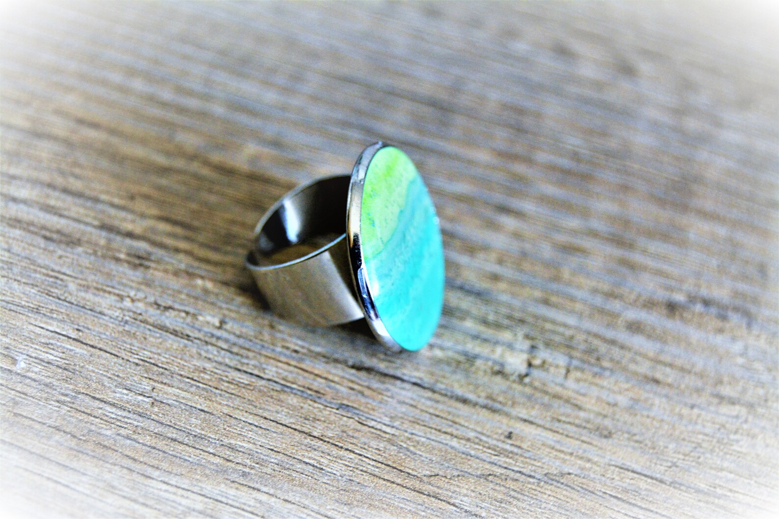 Round Turquoise Blue Green Glitter Ring Silver Blue Green Ring Large ...