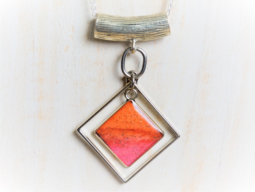 Pink Orange Long Necklace Long Chain Silver Chain Pendant Orange Pink ...