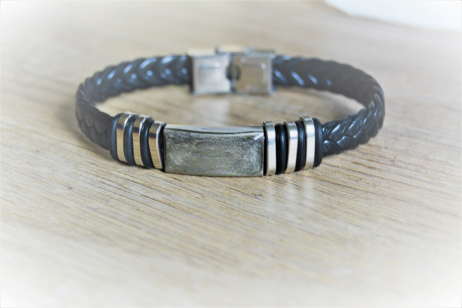 Metalic Grey Man Bracelet Braided Leather Man Bracelet Black | Etsy