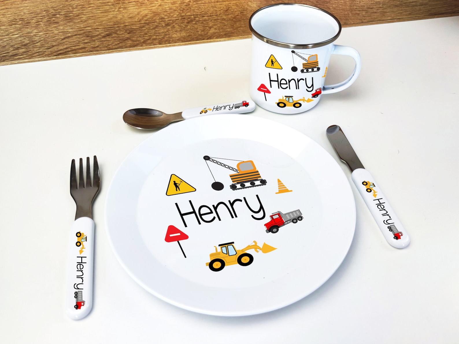 Kids Personalised Dinner Set - Cutlery Set, Plate & Enamel Cup Any Name ...