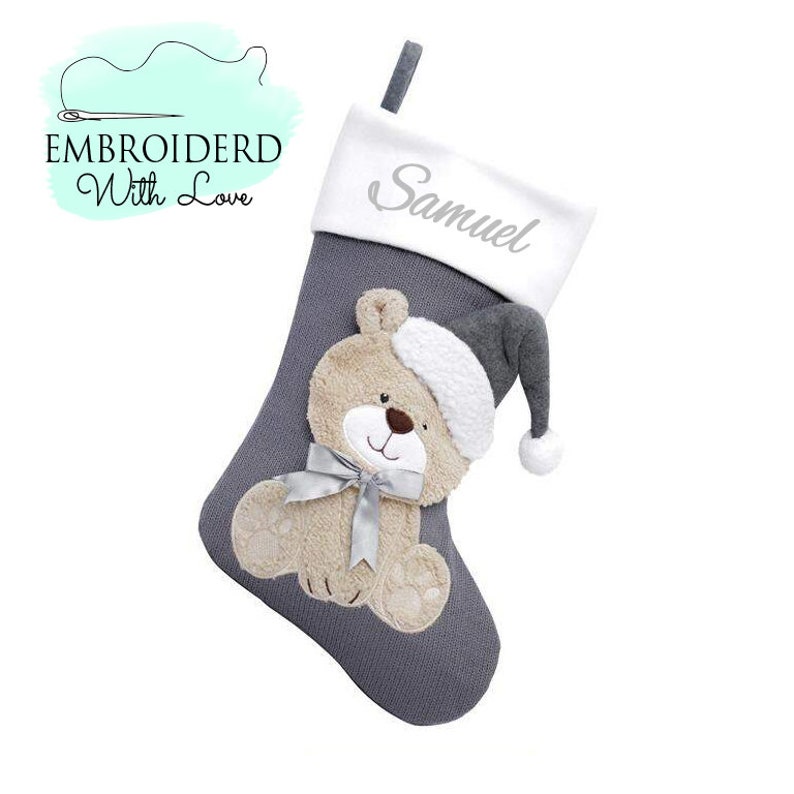 Personalised Christmas Stocking Embroidered, Pink, Blue or Grey Knit ...