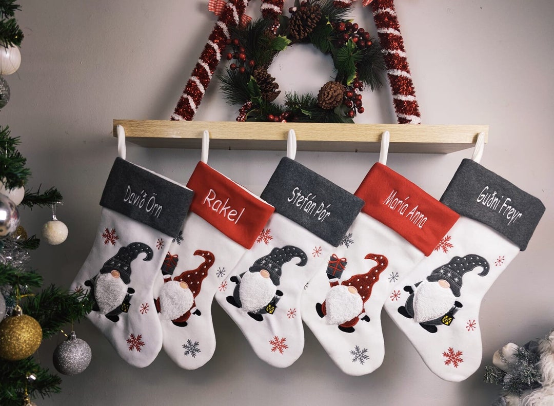 Personalised Christmas Gonk Gnome Stocking Embroidered, Red Grey ...