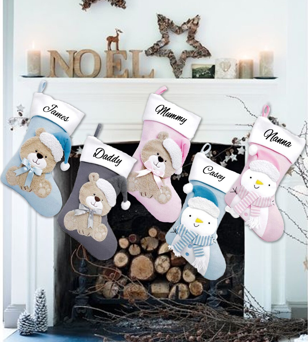 Personalised Christmas Stocking Embroidered, Pink, Blue or Grey Knit ...