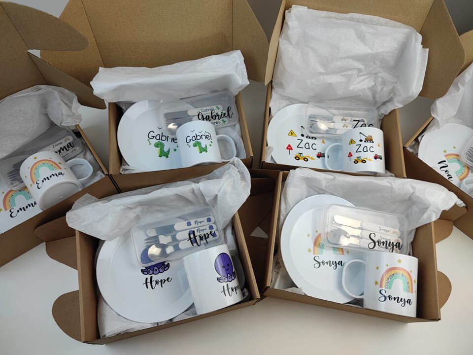 Kids Personalised Dinner Set - Cutlery Set, Plate & Cup Any Name and ...