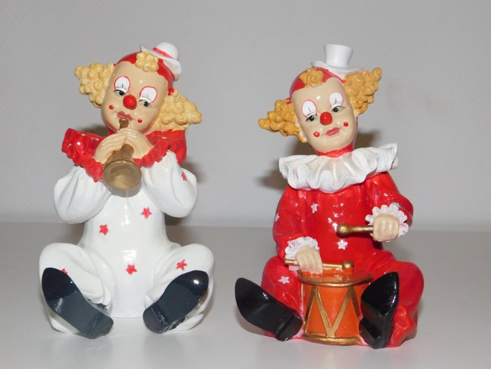 Set of 2 Seated Clowns With Musical Instruments, Red and White in ...