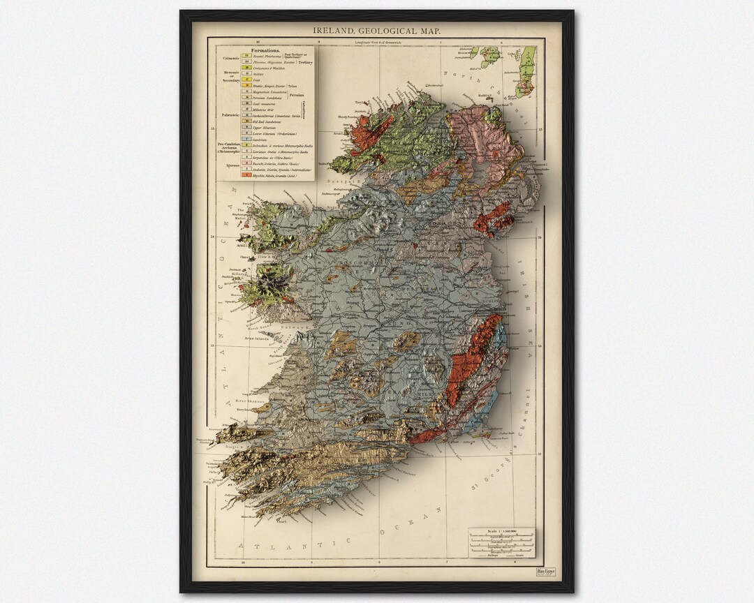 Ireland 1900 Geological Relief Map, Map Art Print, Historical Map ...