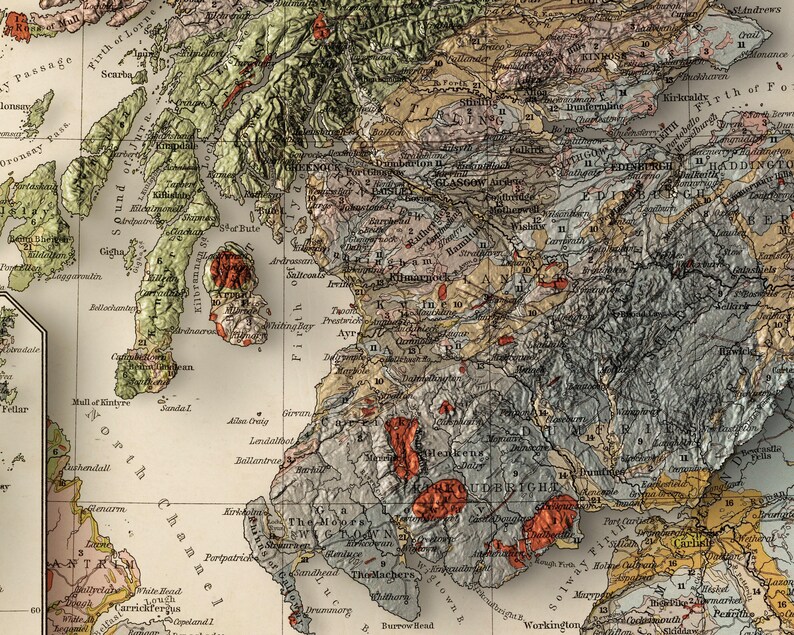 Scotland 1900 Geological Relief Map, Map Art Print, Historical Map ...