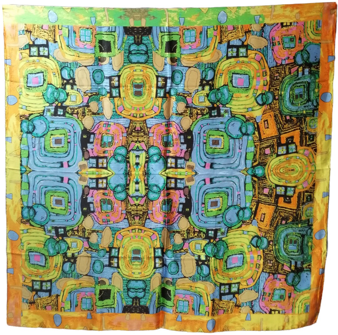100% Natural Silk Square Hand Rolled 90 X 90 Cm HUNDERTWASSER Geometric ...