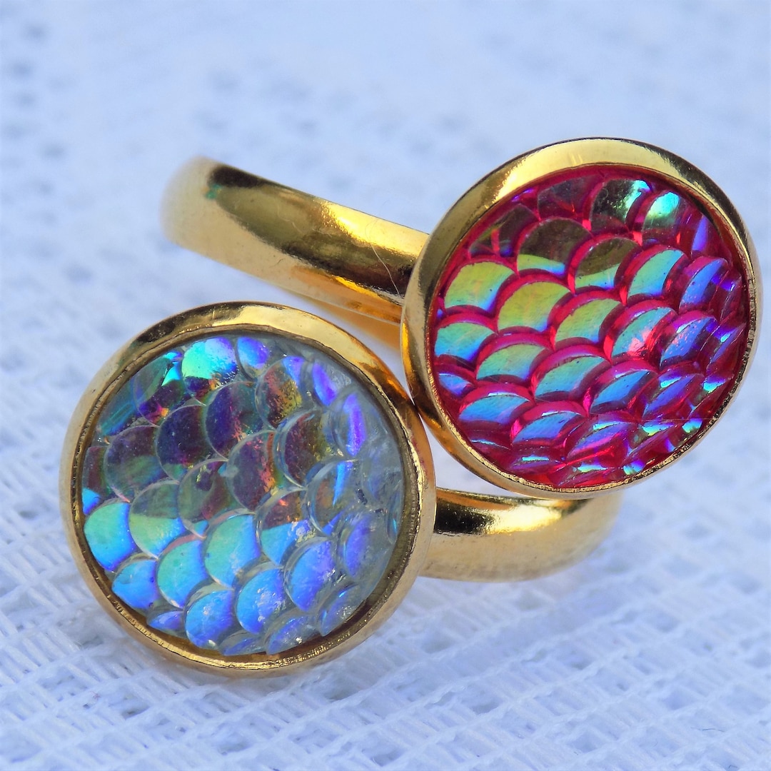 Adjustable Double Platform Ring in Gold, Round Resin Cabochons, Scale ...