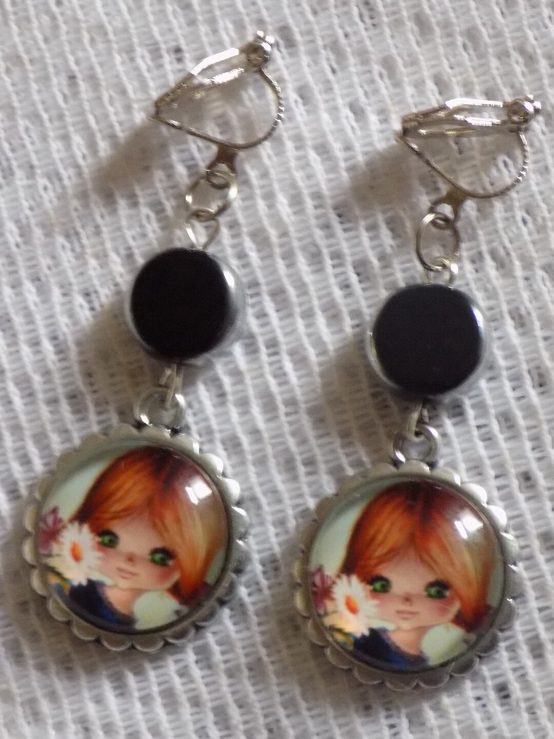 Children's Hanging Clip-on Earrings, Glass Cabochon, Little Girl Motif ...