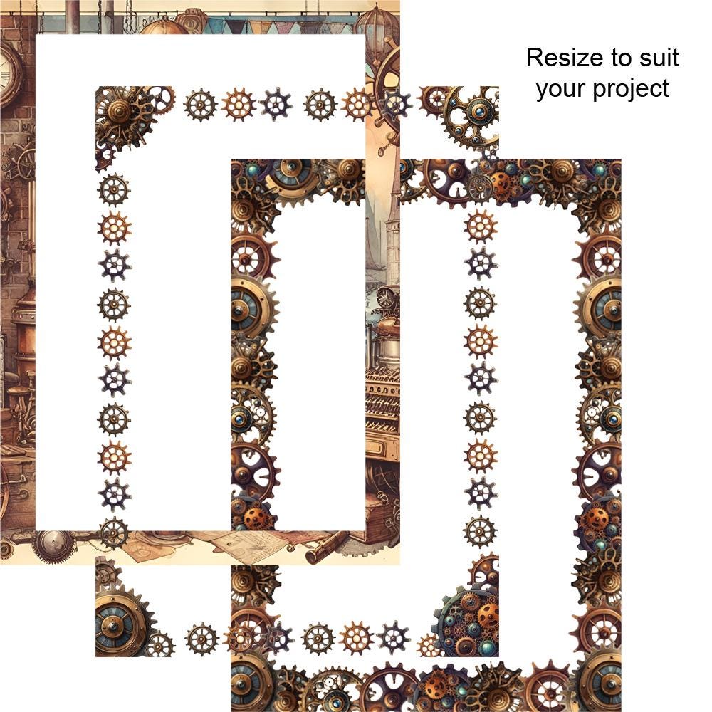 Steampunk Watercolour Borders Frames Junk Cogs Gears Bundle 10 Digital ...