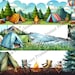 Camping Watercolour Borders Frames Tents Log Fire Camp Items Clip Art ...
