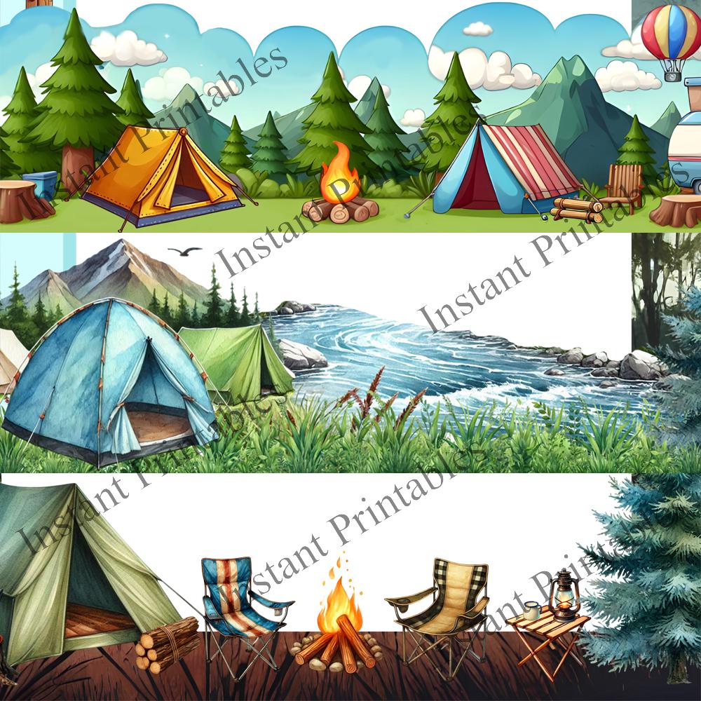 Camping Watercolour Borders Frames Tents Log Fire Camp Items Clip Art ...