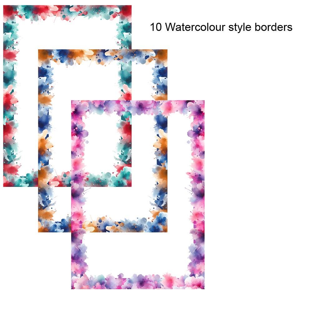 Splashy Rainbow Watercolour Style Border Frame Edge Bundle 10 Digital ...