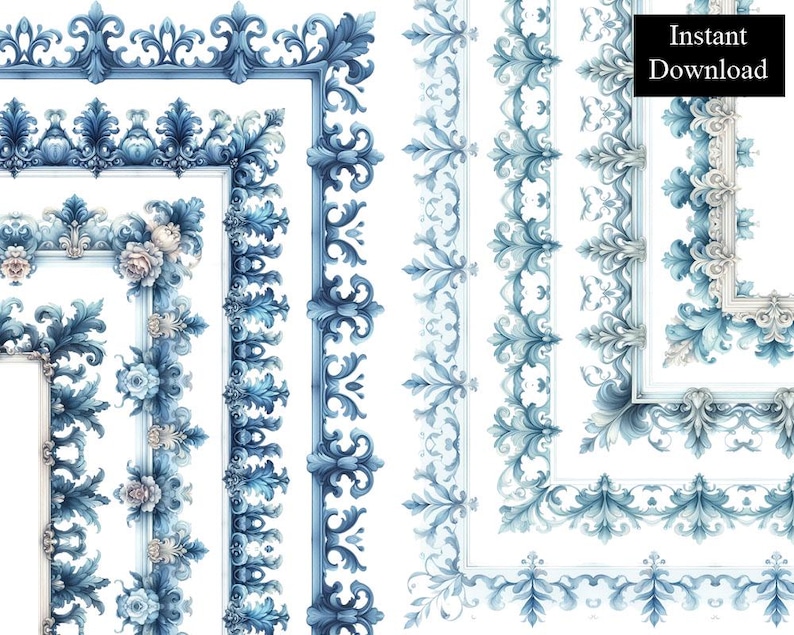 Light Blue Rococo Borders 8 Frames Ornate Style Clip Art Digital ...