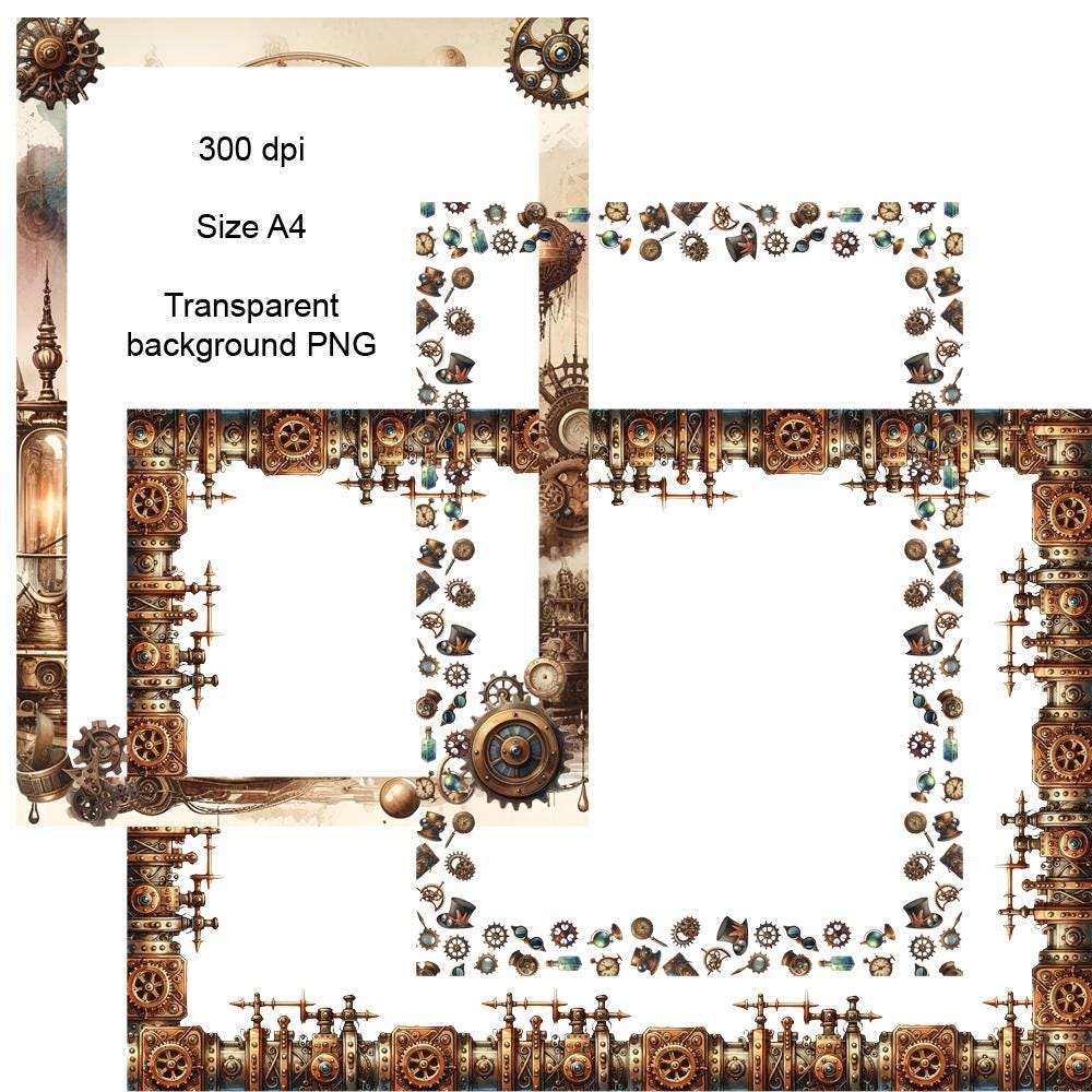 Steampunk Watercolour Borders Frames Junk Cogs Gears Bundle 10 Digital ...