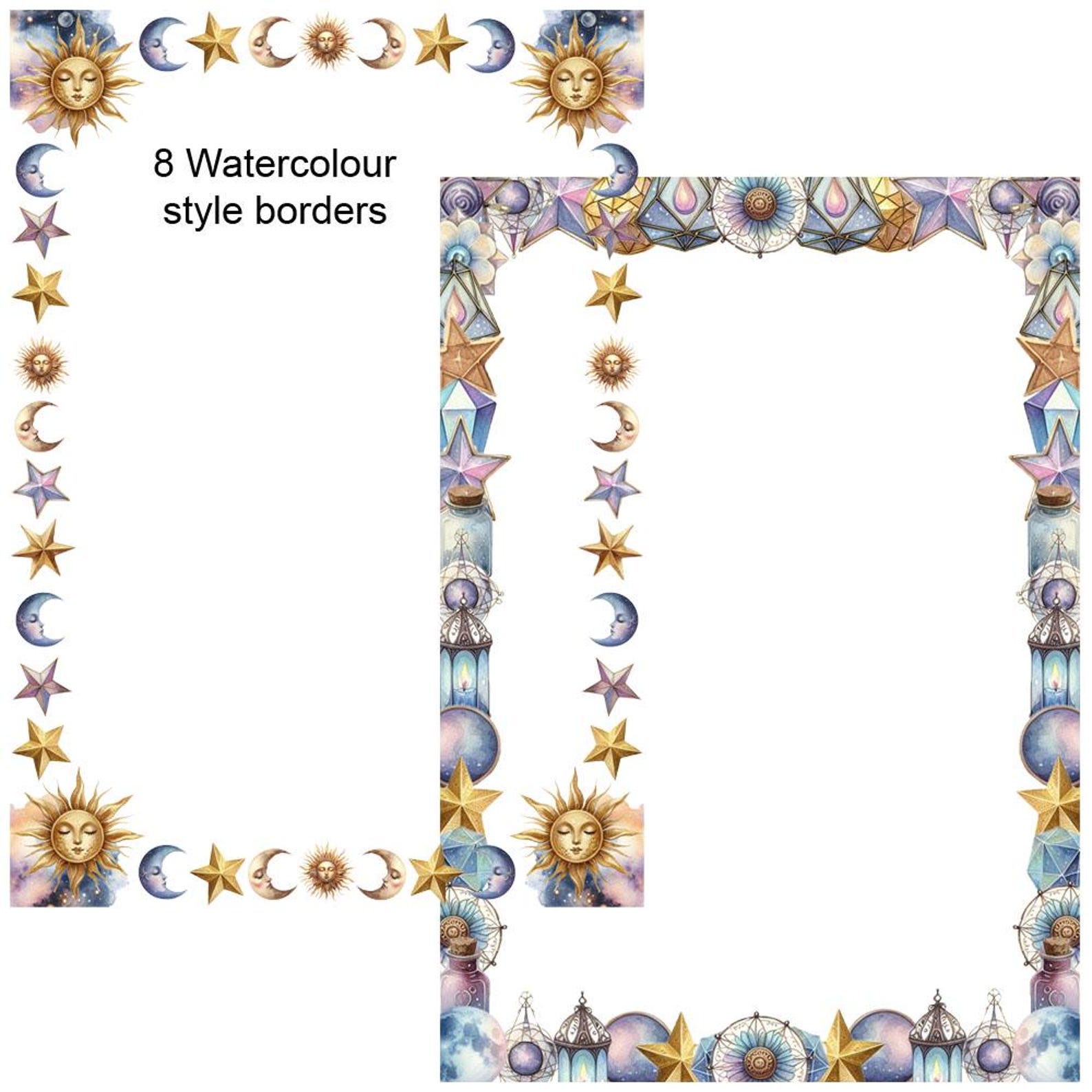 Mystic Sun & Moon Watercolour Borders Frames Clip Art Bundle 8 Digital ...