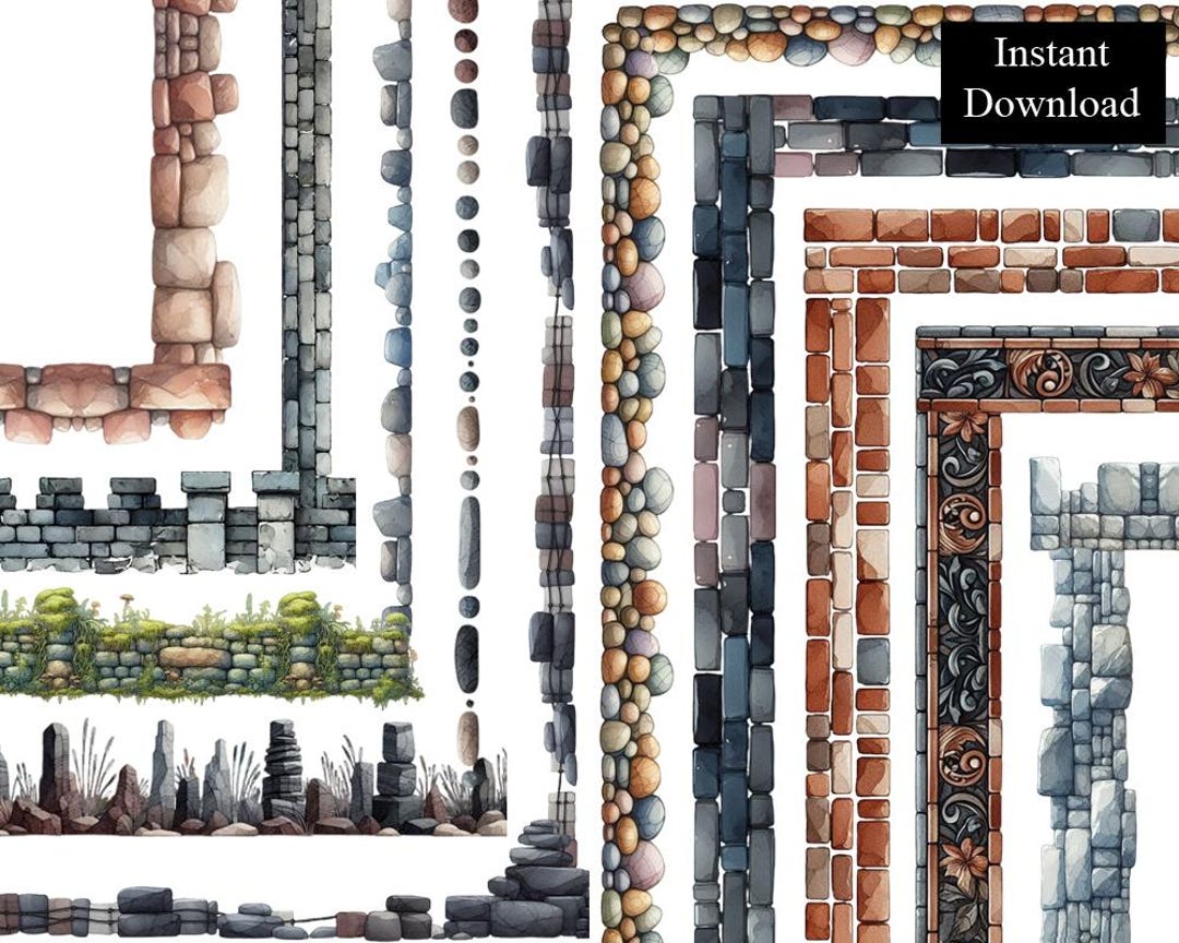 Bricks and Stones Watercolour Borders Frames Clipart Bundle 10 Digital ...