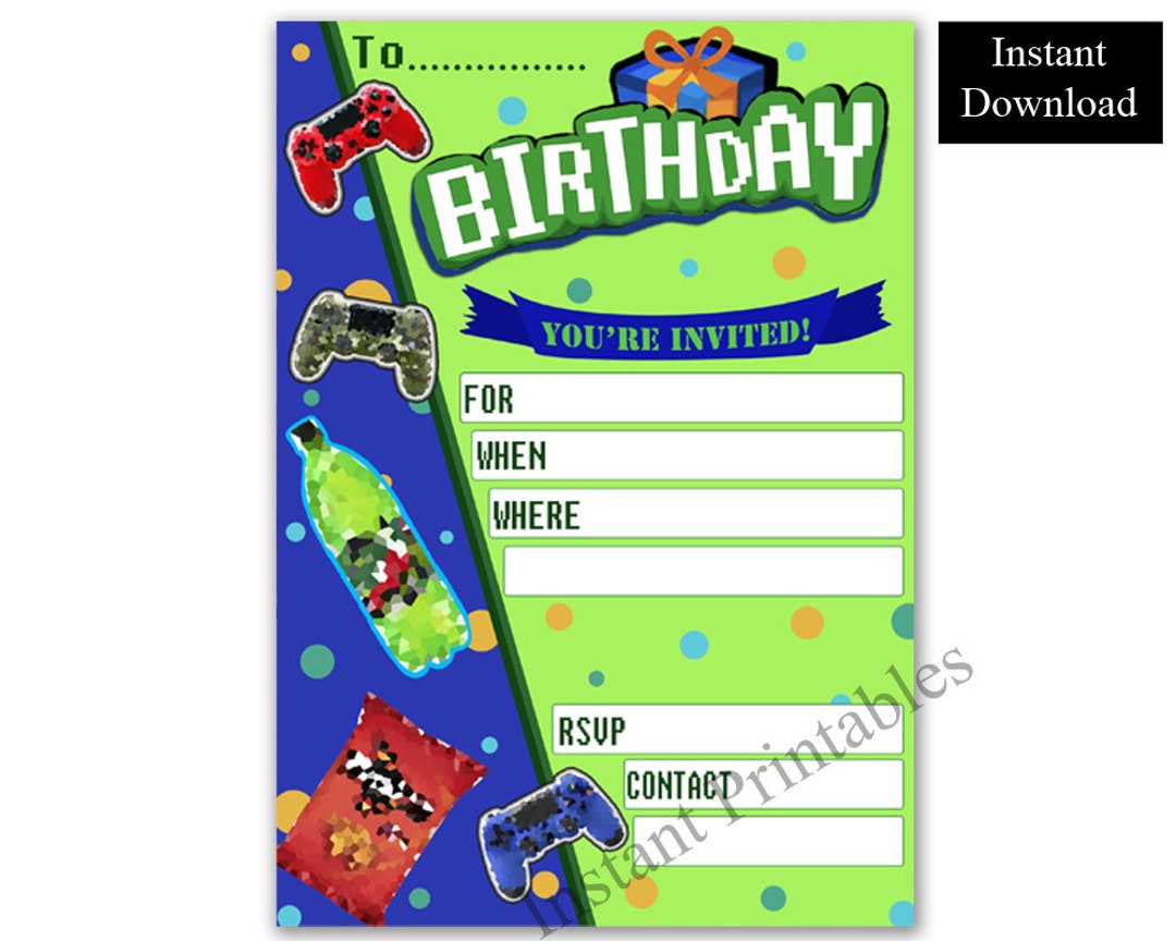 Boys Birthday Gamer Invite Printable Birthday Invite Blank Fill in ...