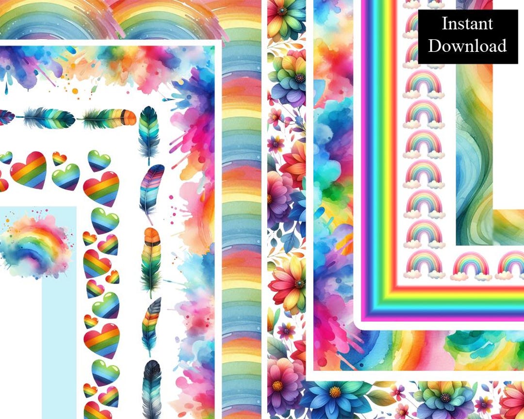 Colourful Rainbow Watercolour Style Borders Frame Edge Bundle 10 PNG ...