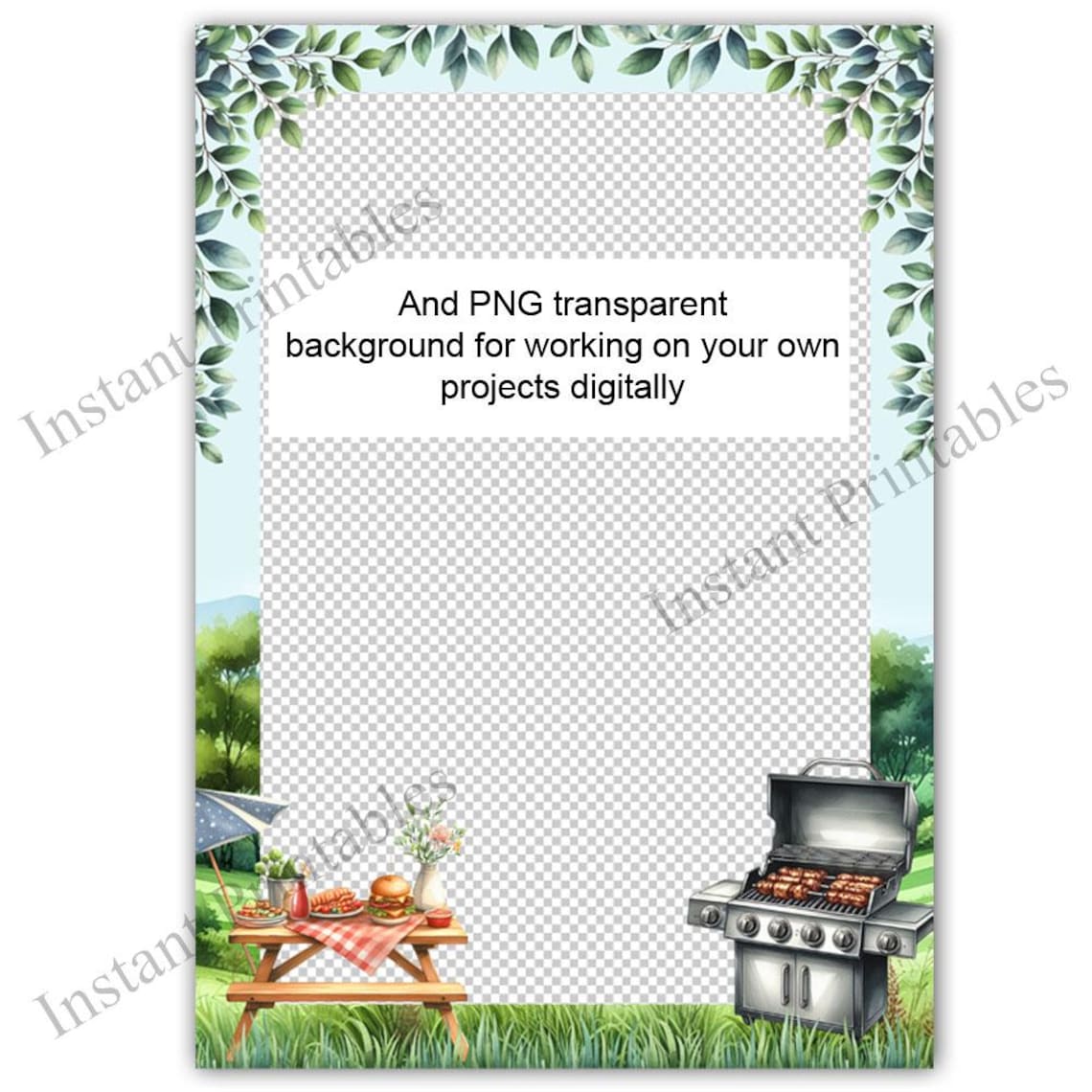 BBQ Border Frame Watercolor Clipart Picnic Border Barbecue Printable ...