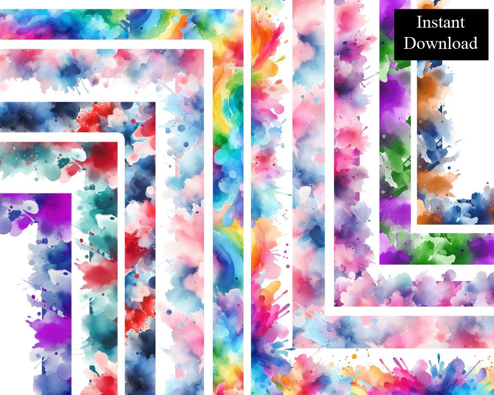 Splashy Rainbow Watercolour Style Border Frame Edge Bundle 10 Digital ...