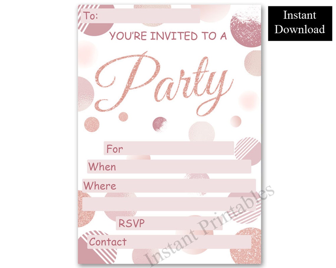 Blank Birthday Invitation | Rose Gold Party Invite | Printable Birthday ...