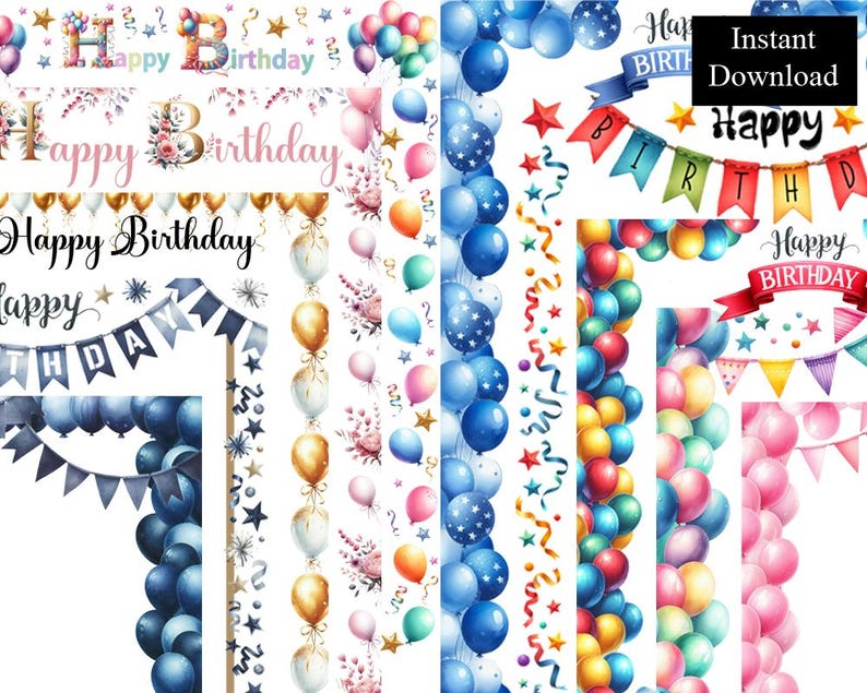Birthday Party Watercolour Borders Frames Happy Birthday Clipart Bundle ...