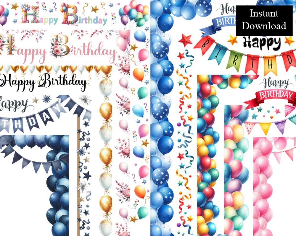 Birthday Party Watercolour Borders Frames Happy Birthday Clipart Bundle ...