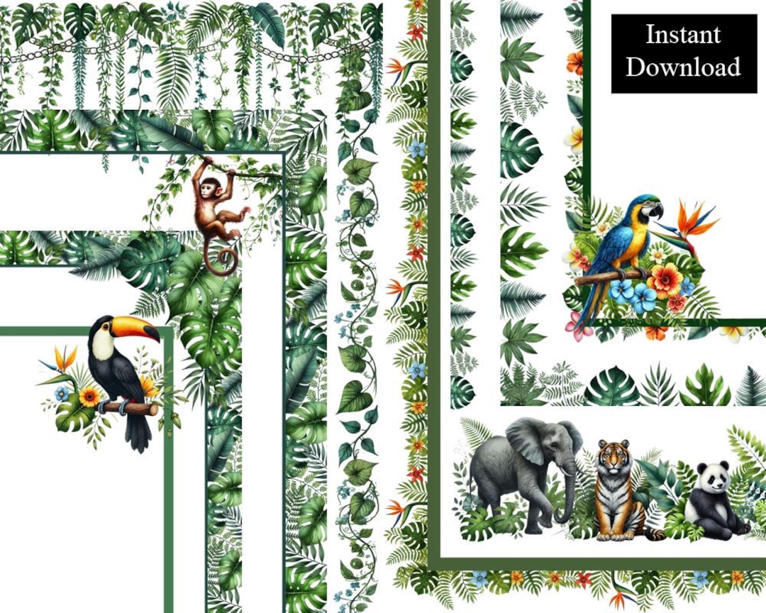 Jungle Watercolour Borders Page Frames Clip Art Bundle 8 Digital ...