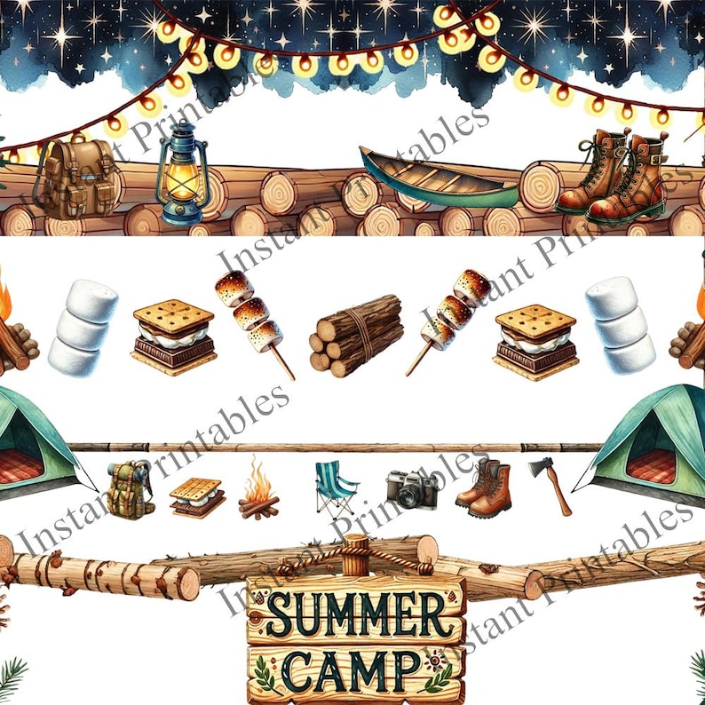 Camping Watercolour Borders Frames Tents Log Fire Camp Items Clip Art ...
