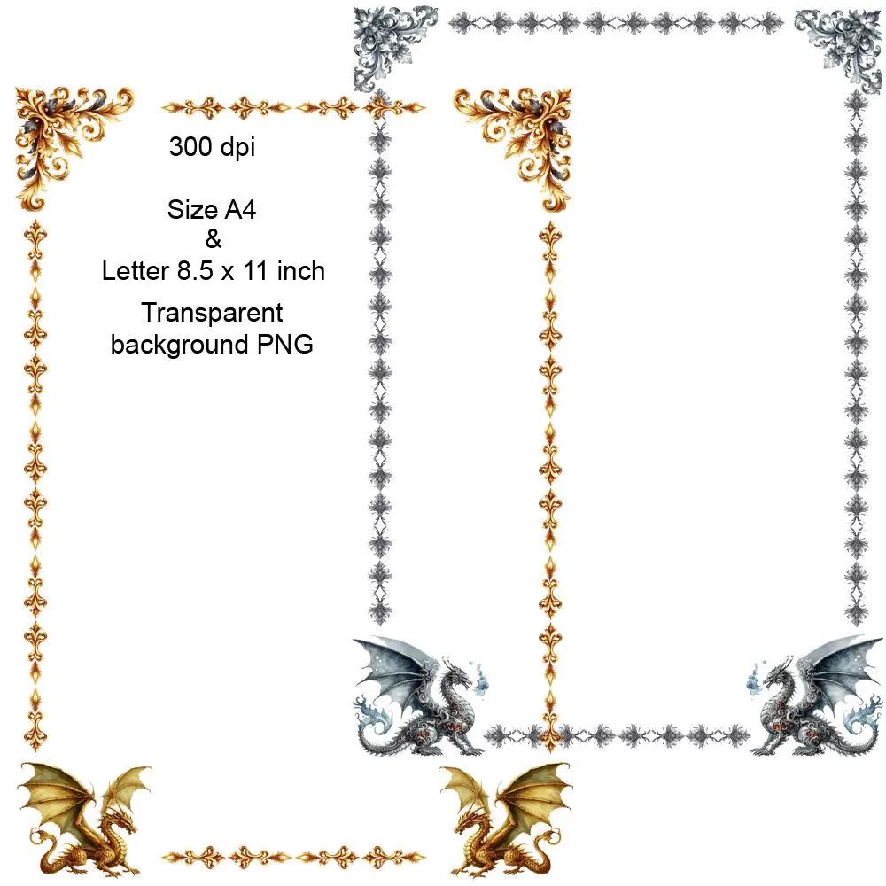 Dragon Page Borders Frames Dragons Gem Stones Ice Fire Mechanical Gold ...