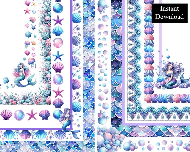 Mermaid Watercolour Borders Frames Clip Art Bundle 10 Digital Download ...