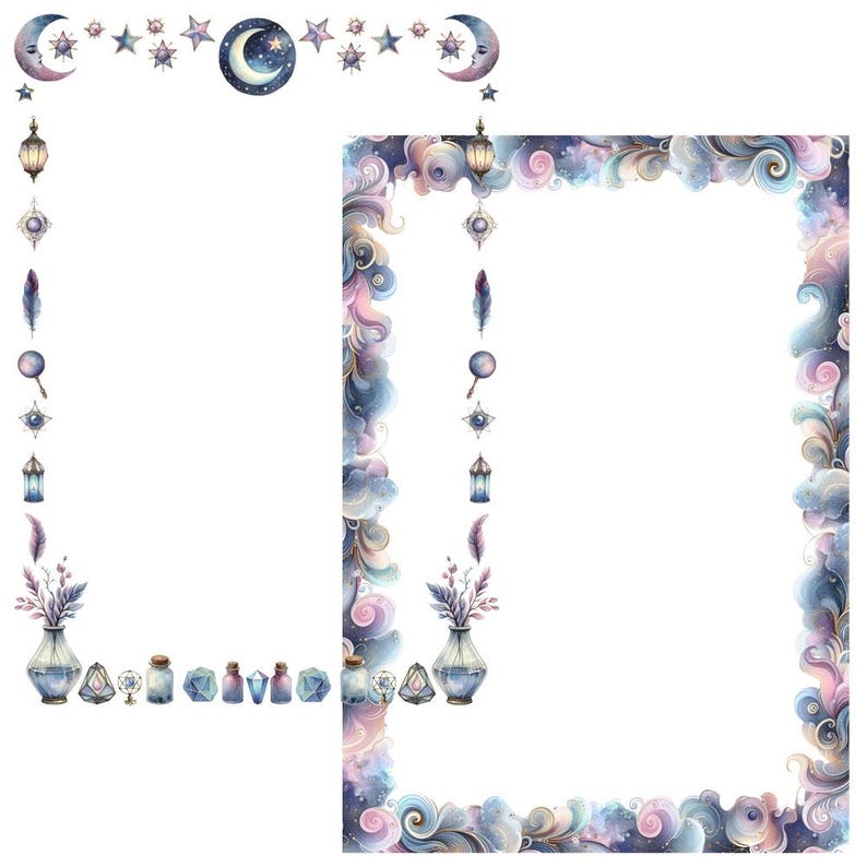 Mystic Sun & Moon Watercolour Borders Frames Clip Art Bundle 8 Digital ...
