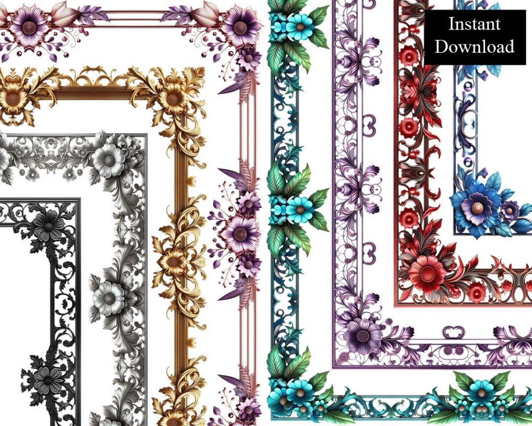 Metallic Floral Borders Frames Rainbow Clip Art 8 Digital Download 8.5 ...