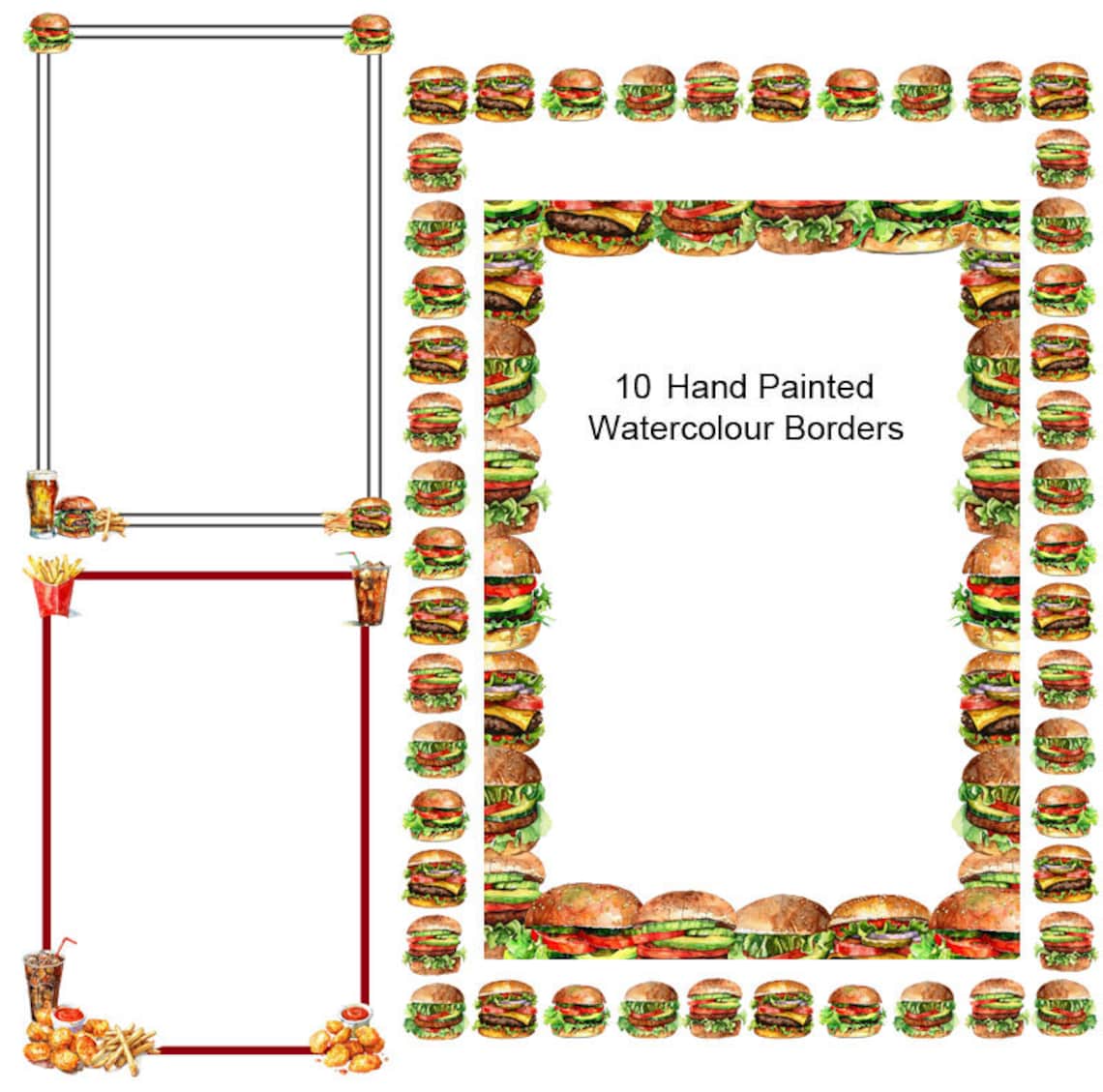 Fast Food Watercolor Borders Frames Take Away Frame Bundle 10 Digital ...