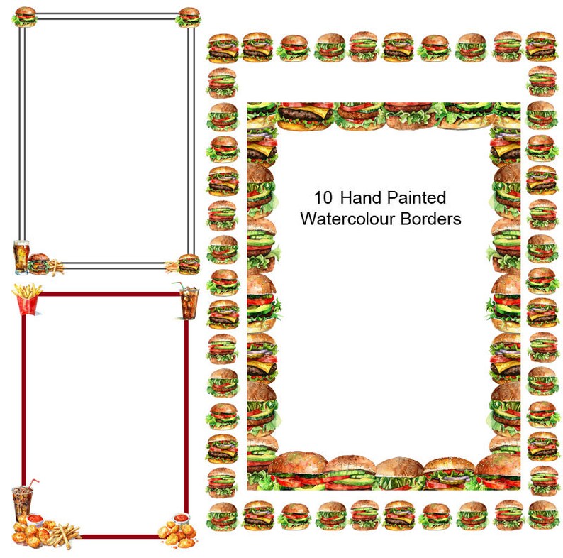 Fast Food Watercolor Borders Frames Take Away Frame Bundle 10 Digital ...