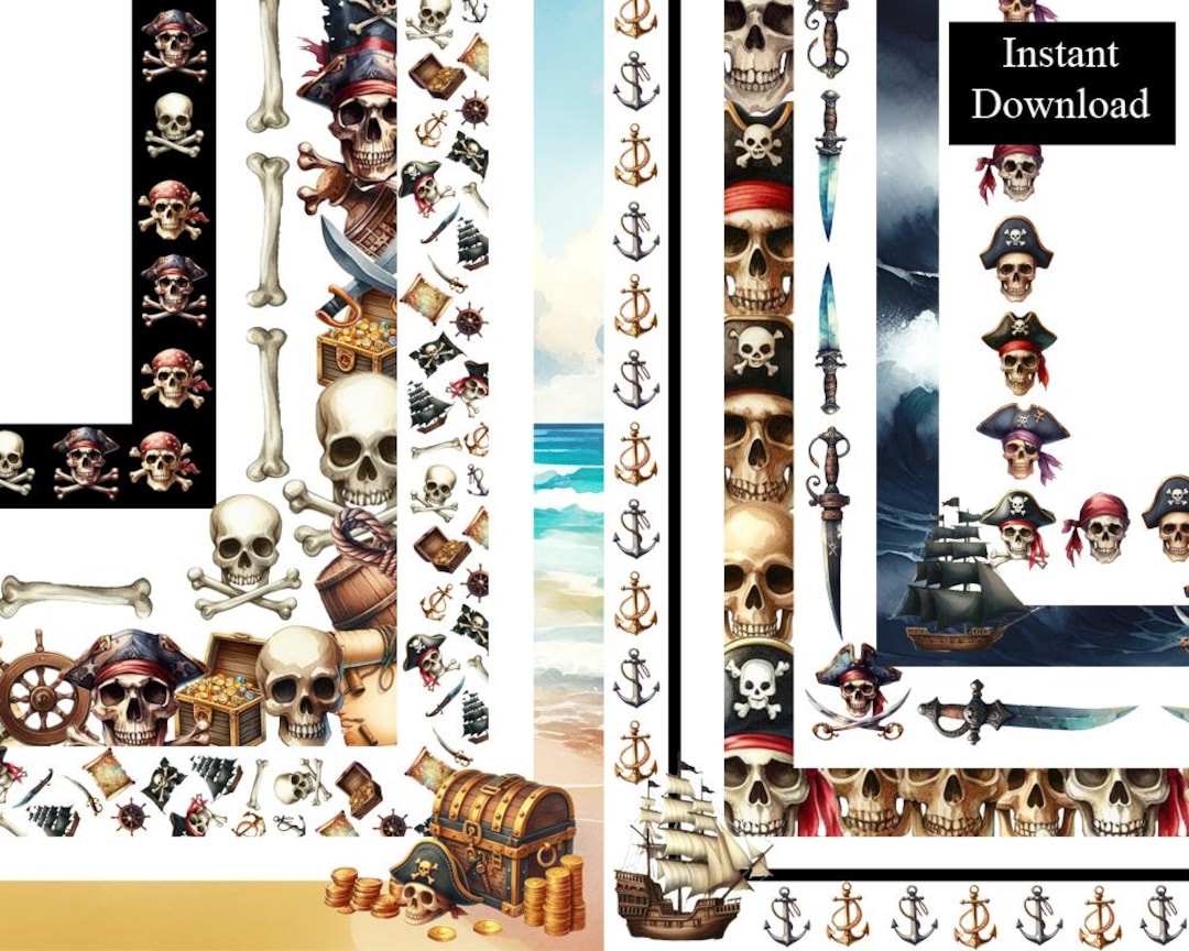 Pirate Skeleton Borders Frames Skulls Anchors Ship Treasure Chest Map ...