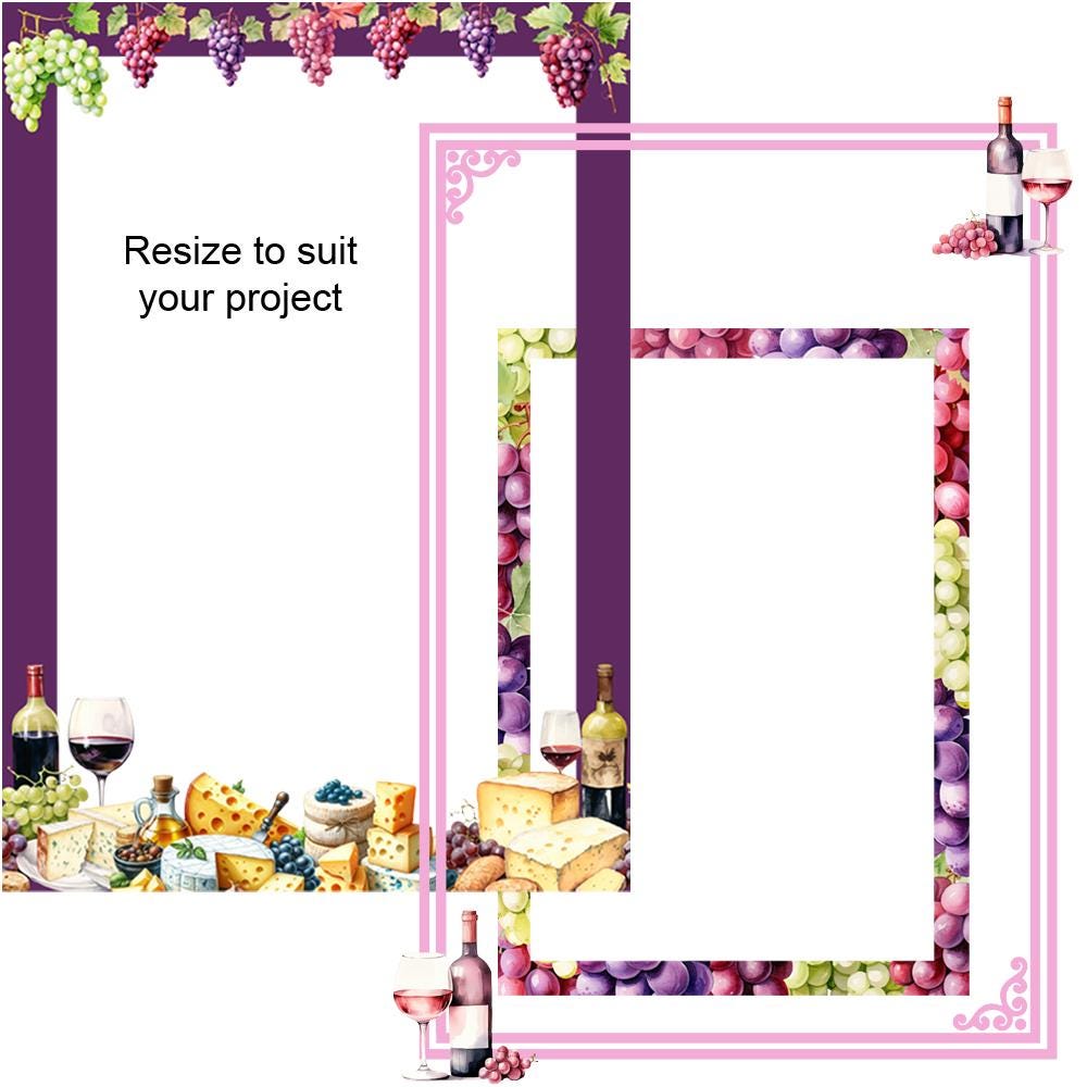 Wine and Cheese Watercolor Borders Grapes Frame Bundle 10 Digital ...