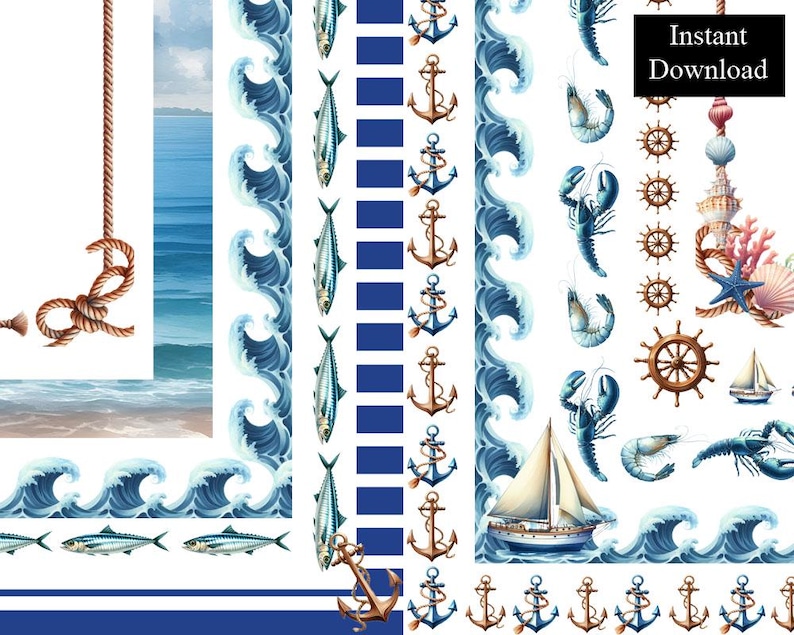 Nautical Sea Borders 10 Frames Ocean Sail Boats Ships Anchor Seaside ...